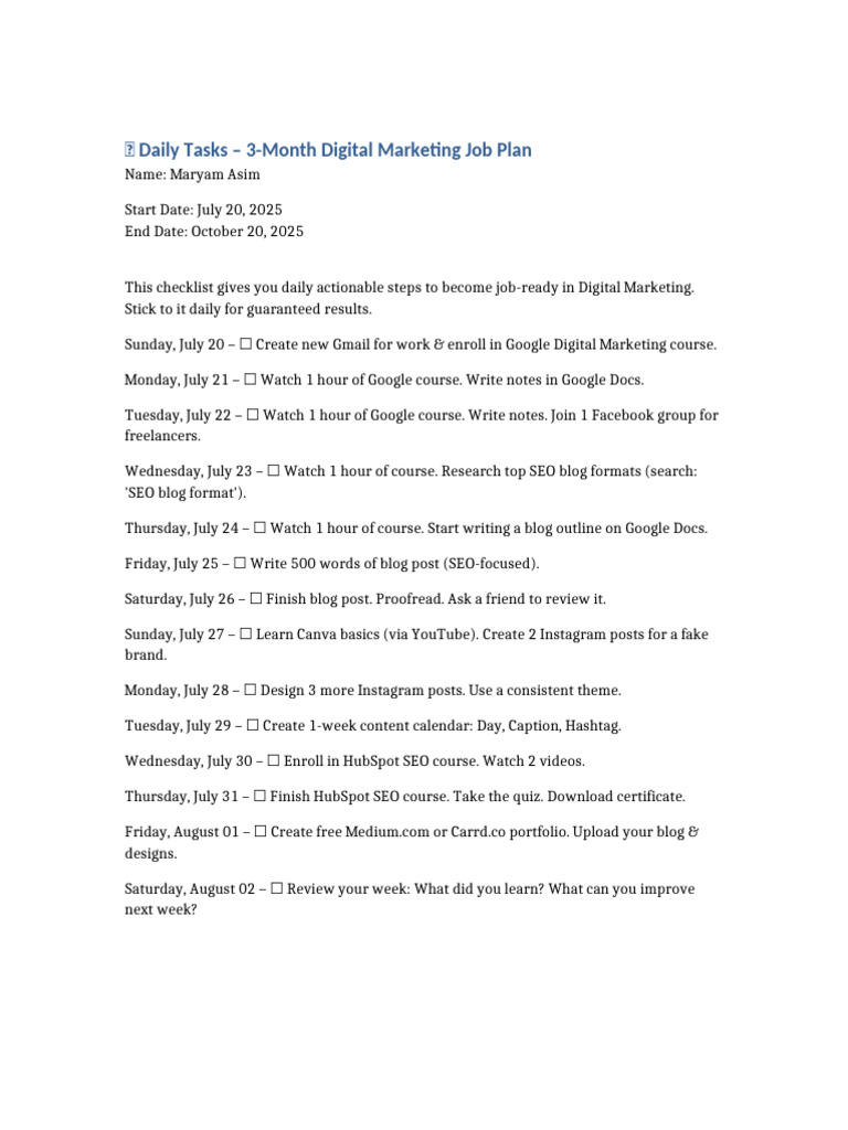 Daily Tasks Digital Marketing Maryam Asim | PDF