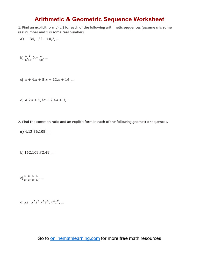 Arithmetic Geometric Sequence Worksheet3 | PDF