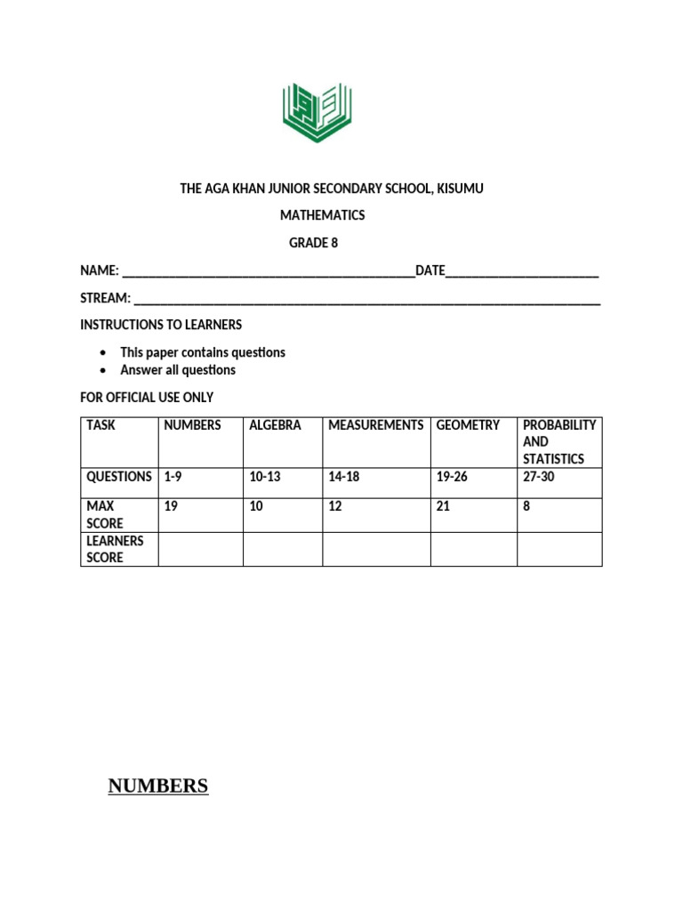 Grade 8 Term 3 Math Project Exam | PDF | Area | Circle