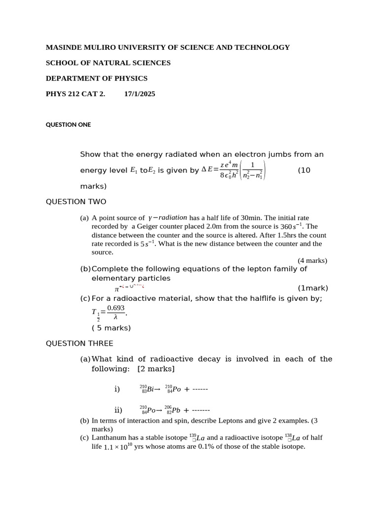 PHYS_212_2024_2025 CAT2 | PDF