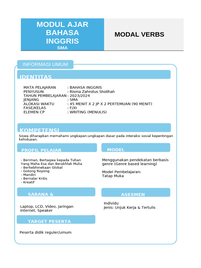 Modul Ajar Bahasa Inggris Modal Verbs | PDF