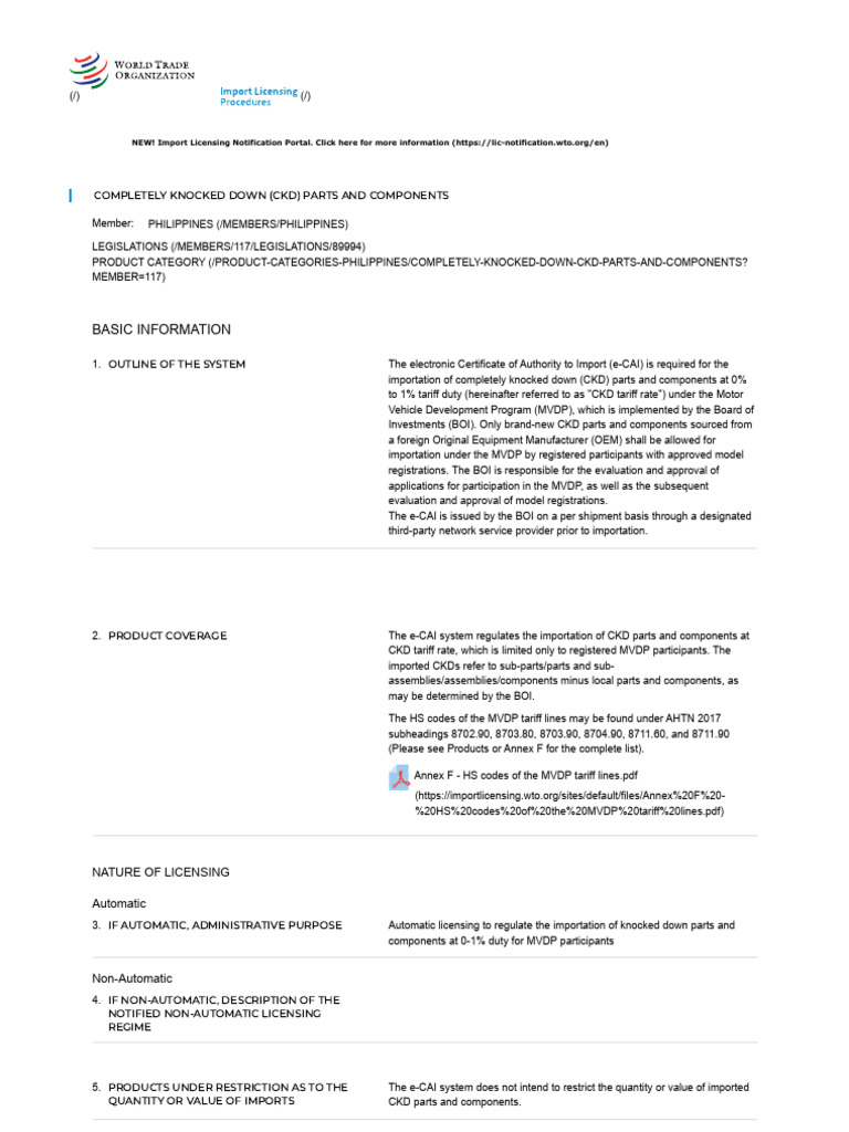 Completely Knocked Down (CKD) Parts and Components - Import Licensing ...