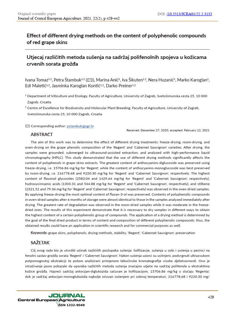 Effect of Different Drying Methods On The Content of Polyphenolic ...