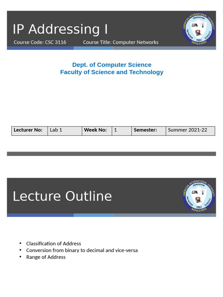 Lab Lecture 1 IP - Addressing I 9 | PDF | Computer Network | Network Interface Controller