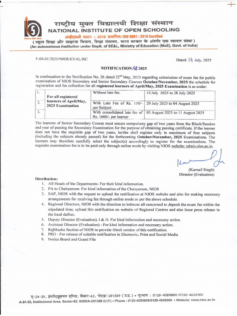 Fee Collection Schedule Oct2025 (For Regd Learners of April 25 Exams) | PDF