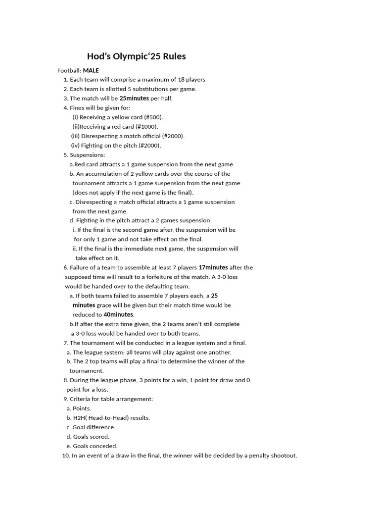 Hod's Olympics 25 Rulebook. | PDF | Sports | Sports Rules And Regulations