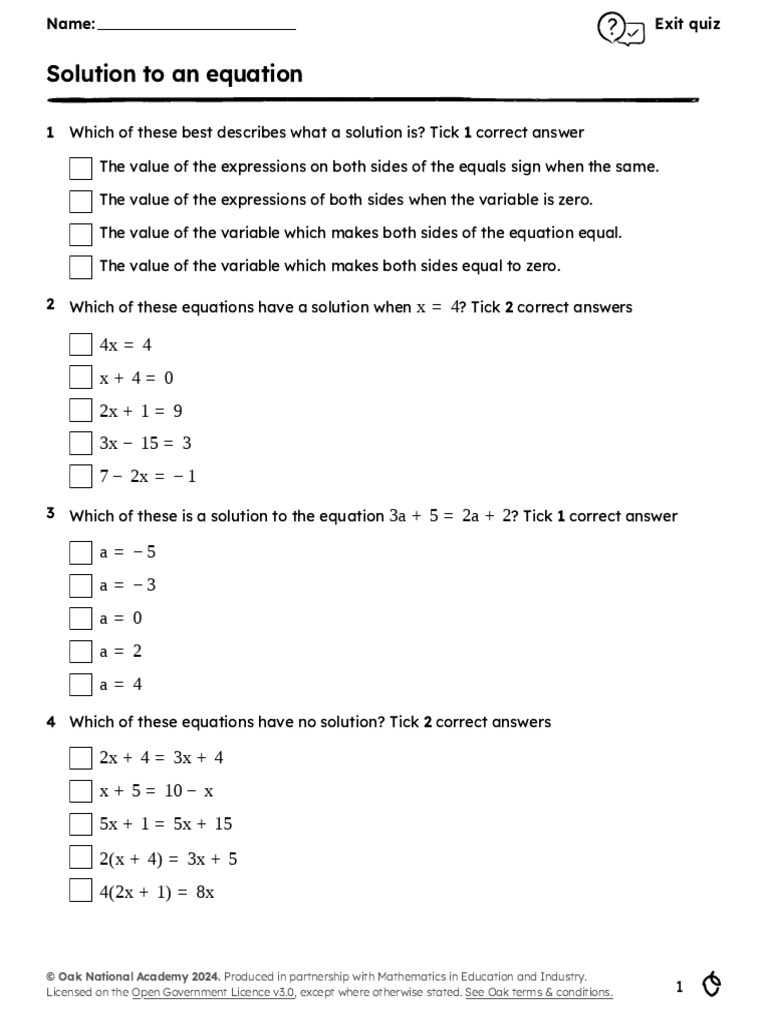 Exit Quiz on Equation Solutions | PDF