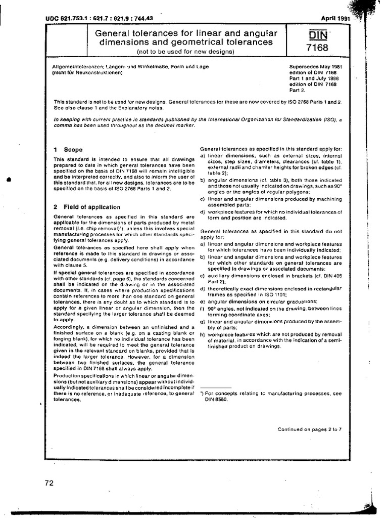 Din - 7168 - 1991 General Tolerances For Linear and Angular Dimensions ...