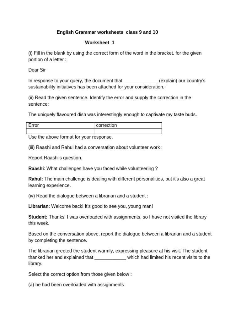 English Grammar Worksheets Class 9 and 10 | PDF
