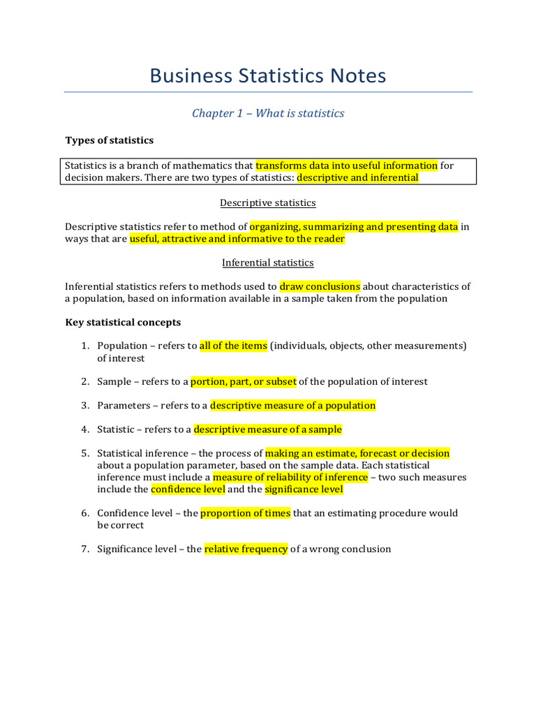 Business Statistics Notes - Chapter 1 | PDF | Statistics | Statistical ...
