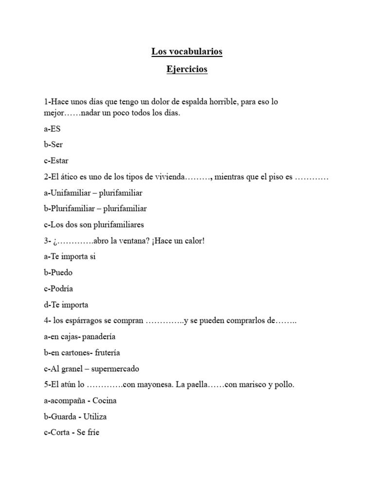 Ejercicios de vocabulario y gramática | PDF | ensalada | Cocina europea