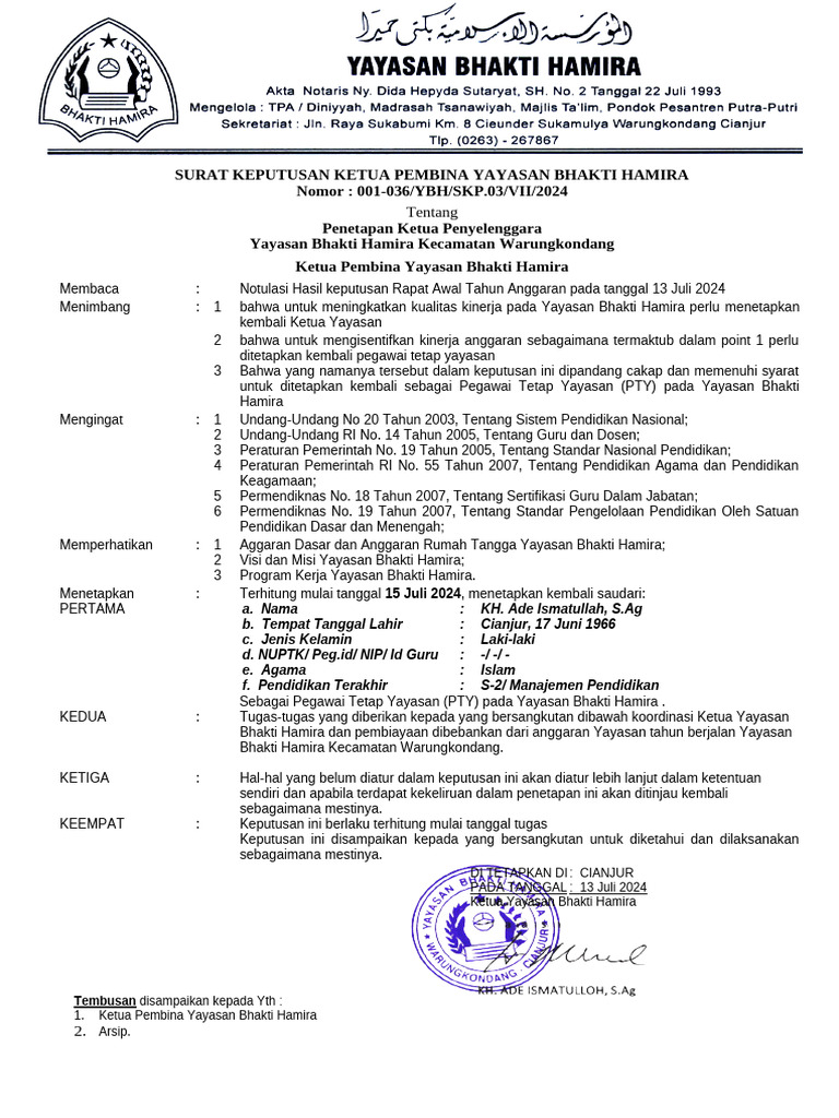 SK Penetapan Ketua Yayasan Bhakti Hamira | PDF
