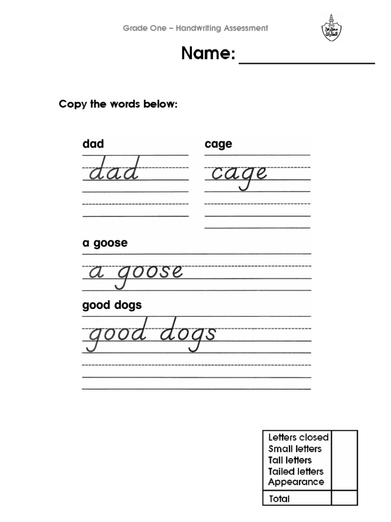Grade One Handwriting Assessment Guide | PDF