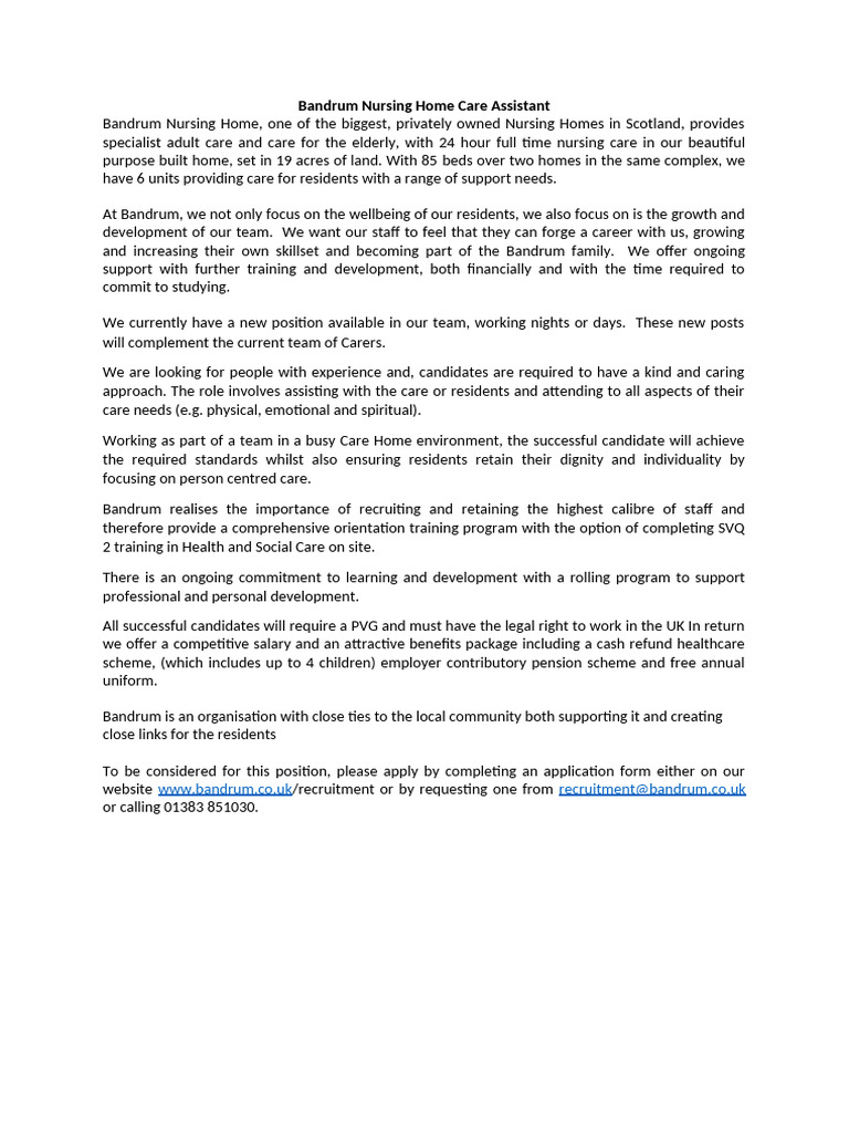 Bandrum Nursing Home - Carer Advert | PDF