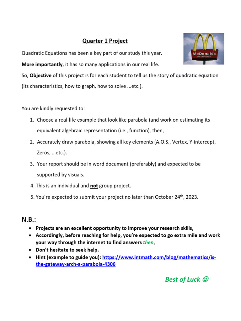Quadratic Equations Project Guidelines | PDF