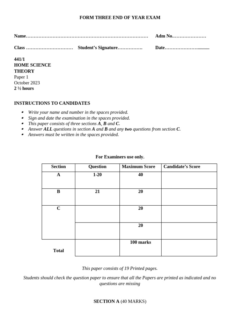 Home Science Paper 1 QS | PDF