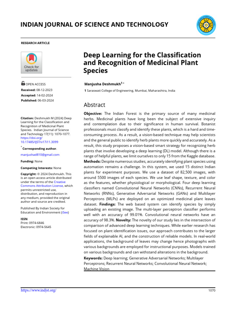 Deep Learning for Medicinal Plant ID | PDF | Deep Learning | Applied ...