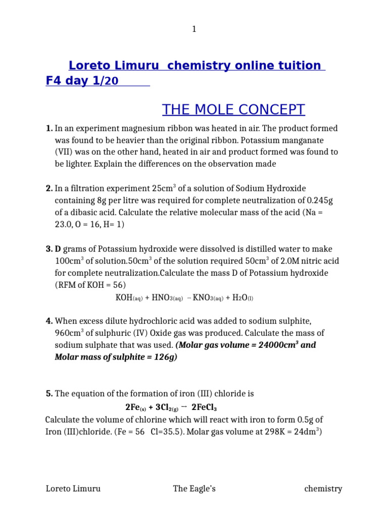 The Mole Concept Detailed | PDF | Mole (Unit) | Acid
