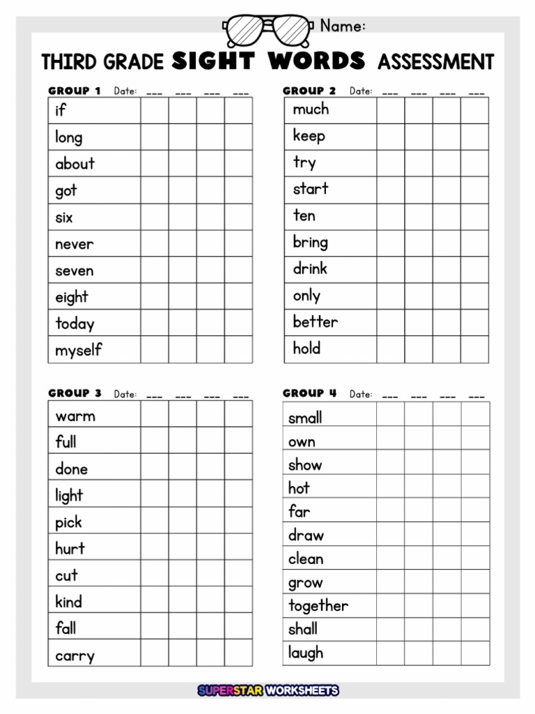 Third Grade Sight Word Teacher Assessment | PDF