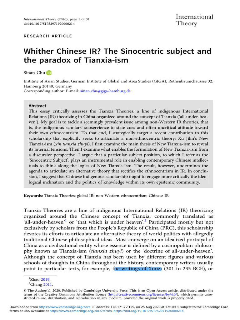 Whither Chinese IR the Sinocentric Subject and The | PDF | Nationalism ...