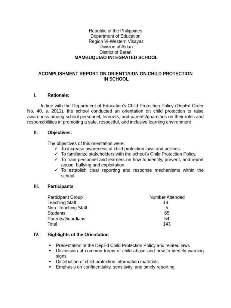 Accomplishment Report On Orientation | PDF | Child Protection | Learning