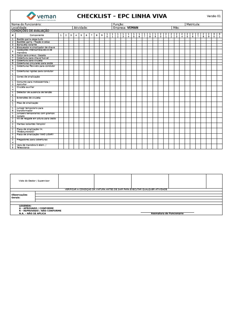 Checklist EPC Linha Viva VEMAN | PDF