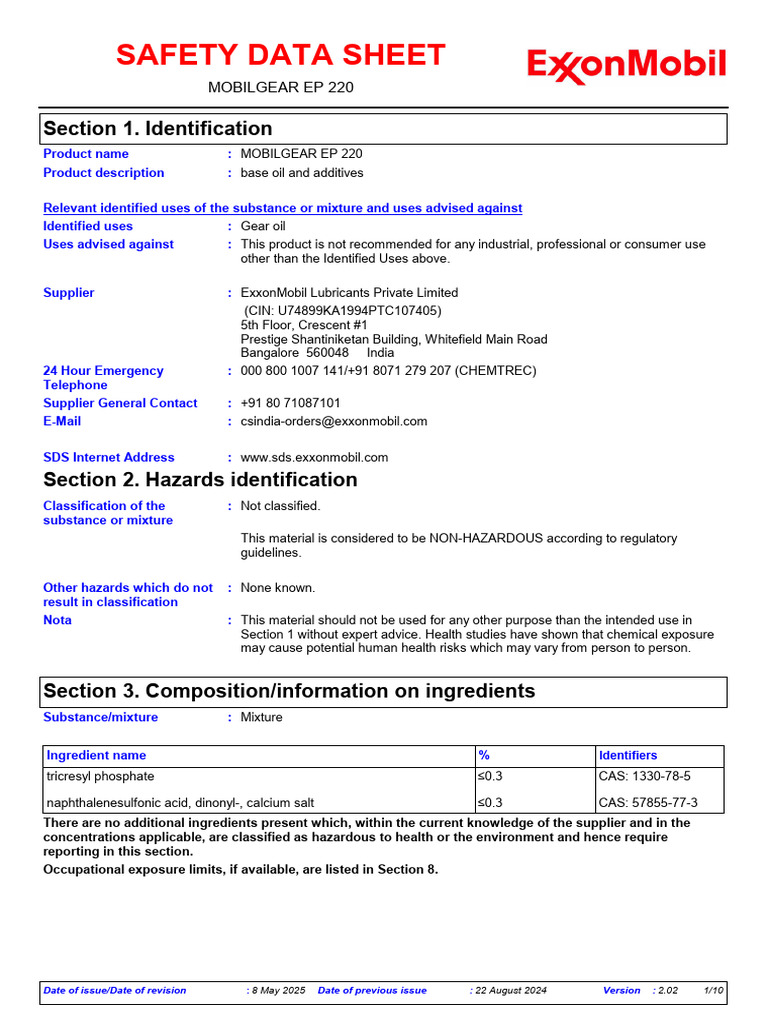 Mobilgear EP 220 Safety Data Sheet | PDF | First Aid | Firefighter