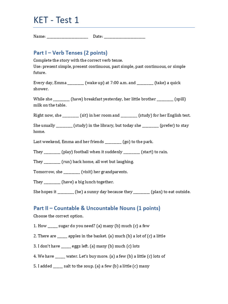 KET Test 1: Verb Tenses & Nouns | PDF | Linguistics | Language Families