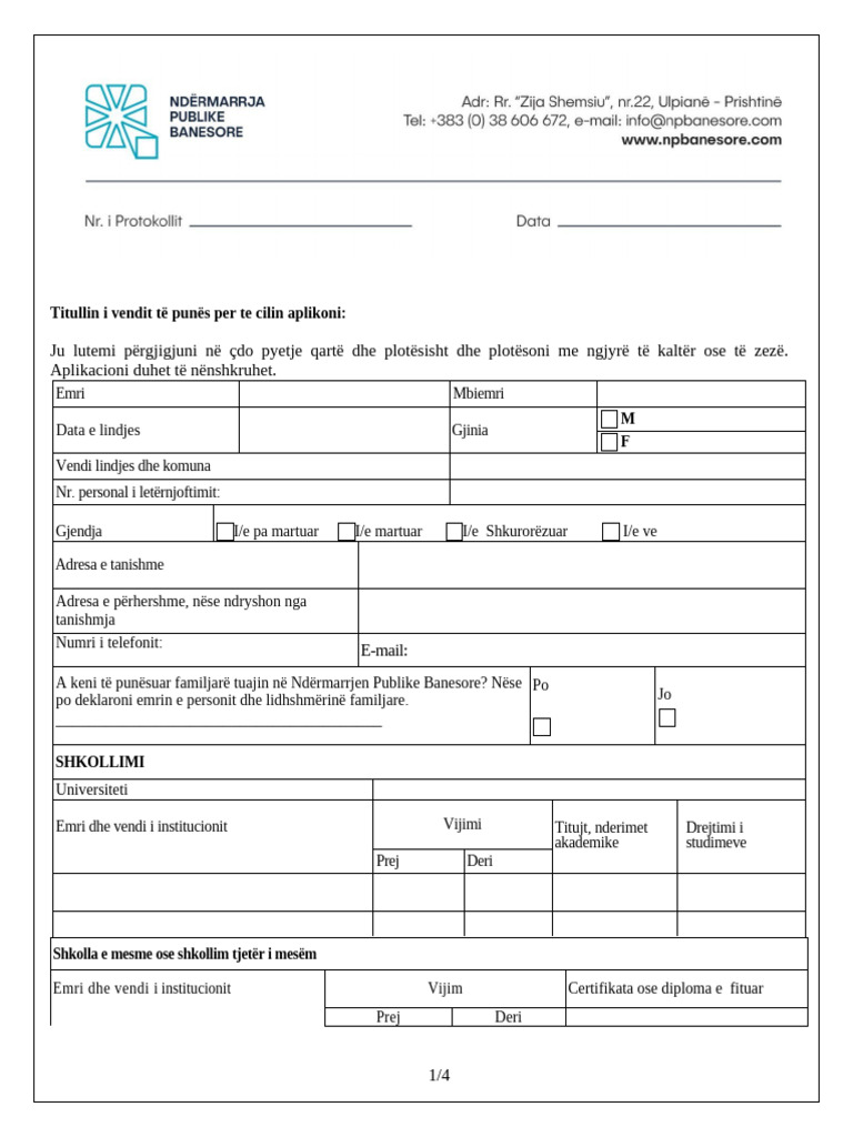 Formular I Aplikimit Per Punesim | PDF