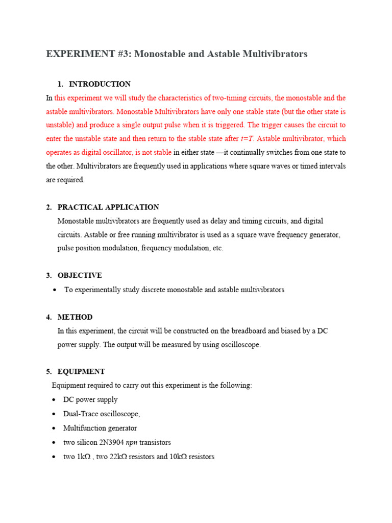 Monostable and Astable Multivibrator Experiment | PDF | Electrical ...