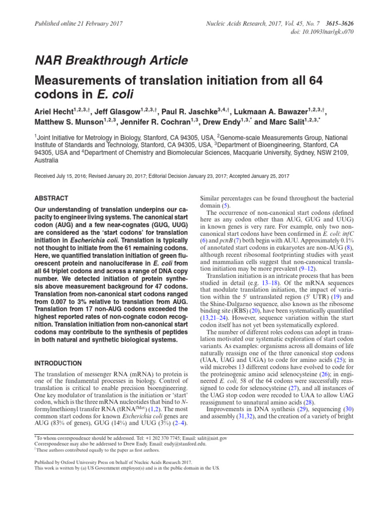 Measurements of Translation Initiation From All 64 Codons in E. Coli ...
