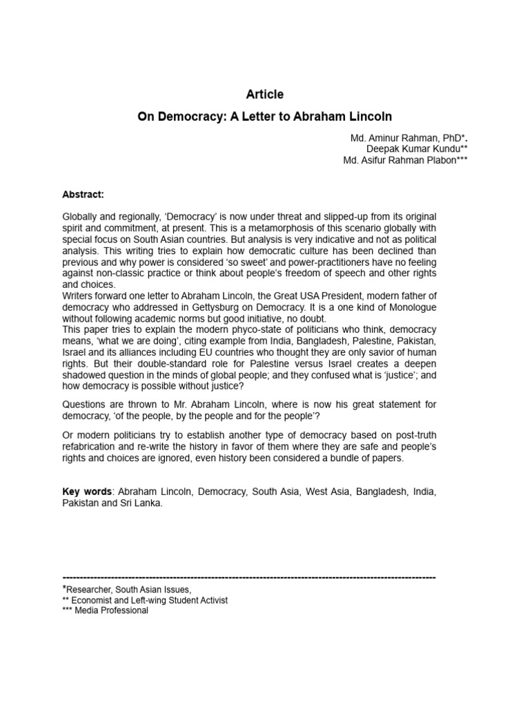 Article - DR Aminur Rahman - On Democracy - A Letter To Abraham Lincoln ...