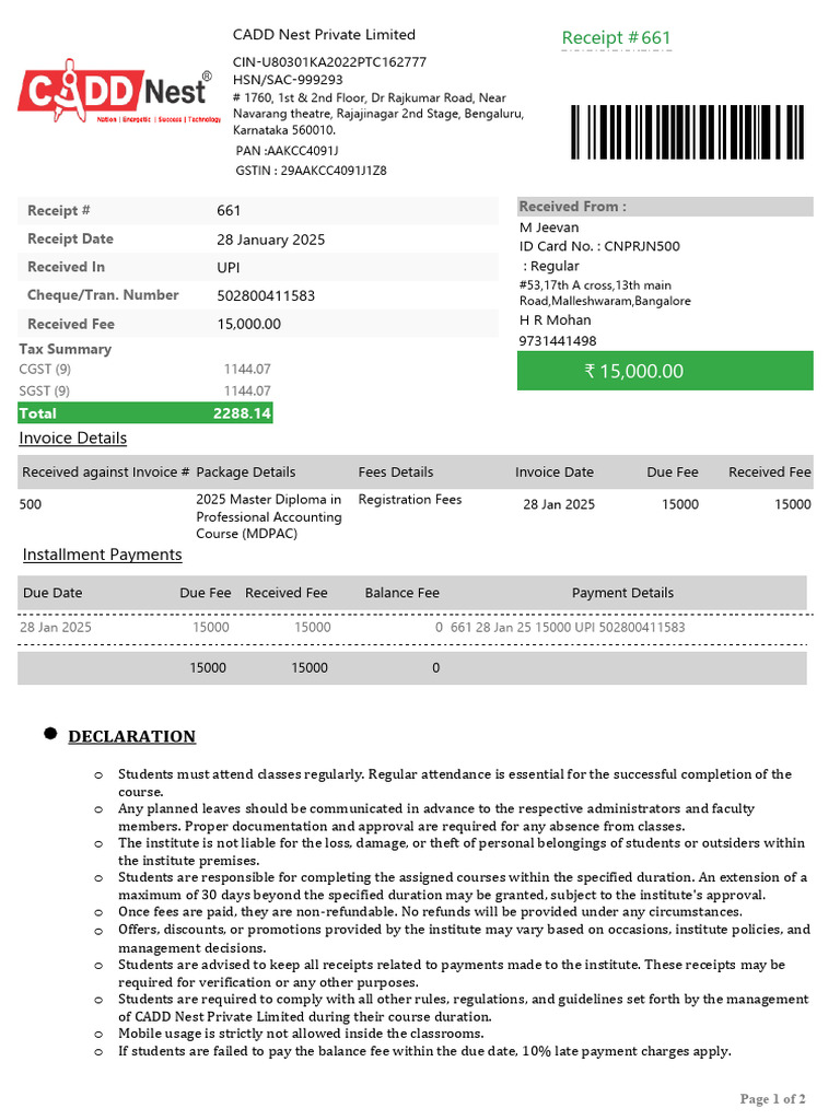 CADD Nest Fee Receipt for MDPAC Course | PDF | Receipt | Fee