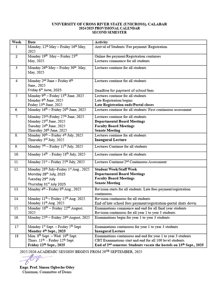 Second Semester 2024 - 2025 Provisional Calendar - Prof. Simon o Odey ...
