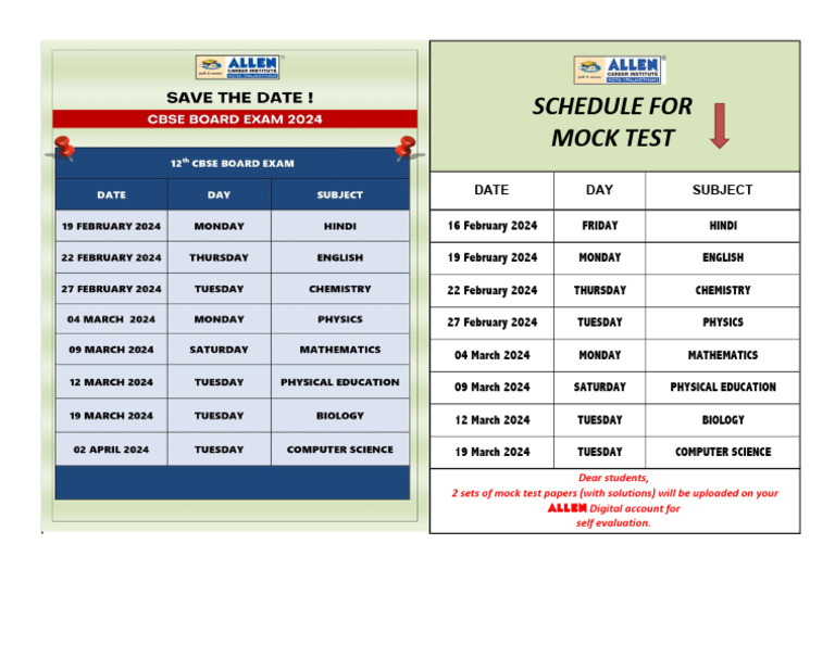 Schedule For Mock Test: Date DAY Subject | PDF