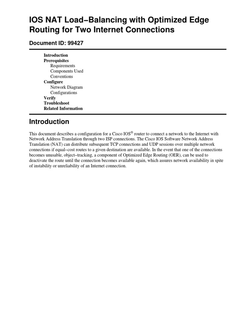 Iios Nat Load Balancing With Optimized Edge Routing For Two Internet Connections Pdf Ip