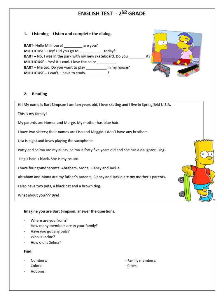 2nd Grade English Test: Bart Simpson | PDF | American Television ...