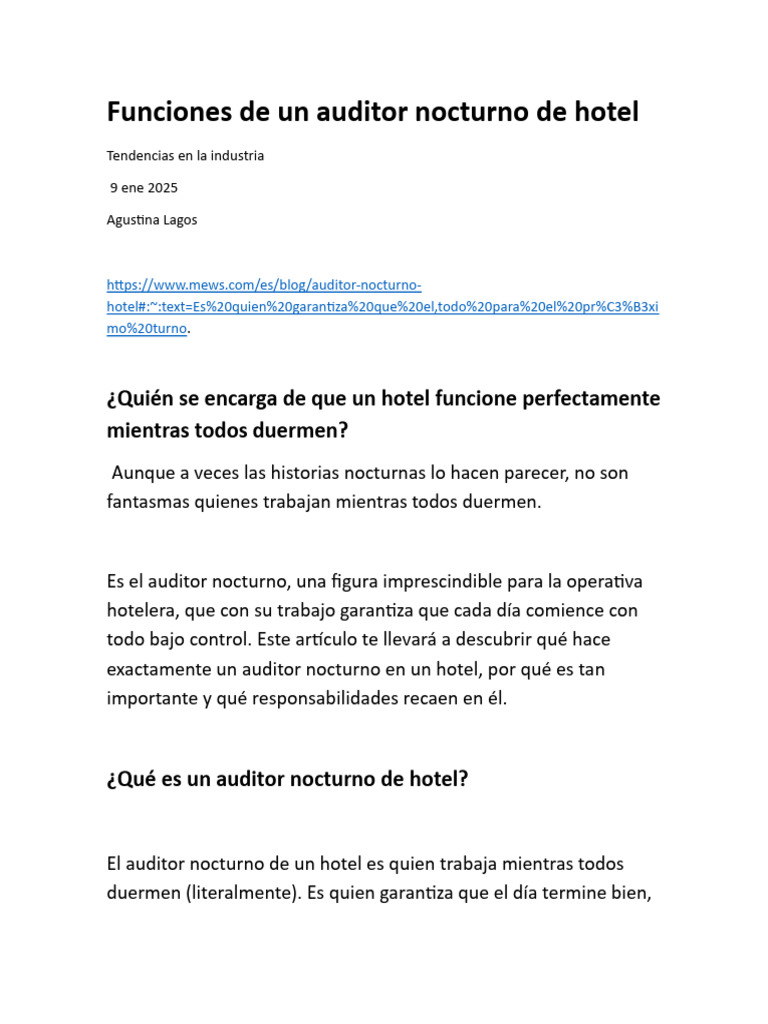Funciones del auditor nocturno en hoteles | PDF | Hotel