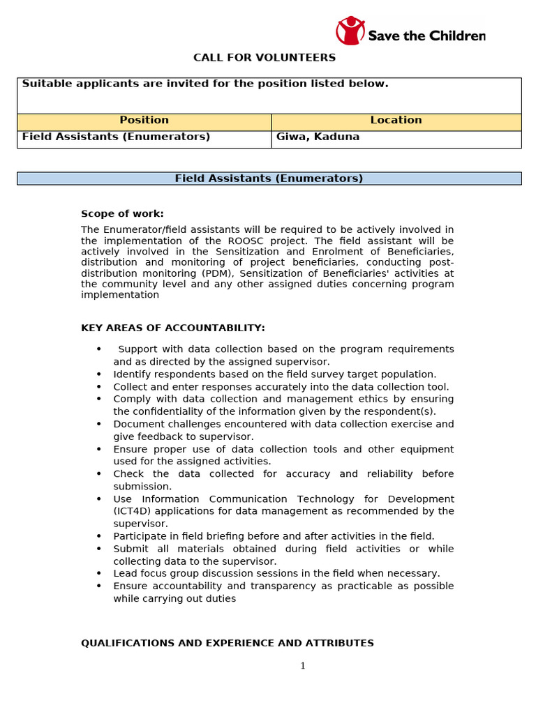 Volunteer Field Assistants Needed in Giwa | PDF | Data Collection