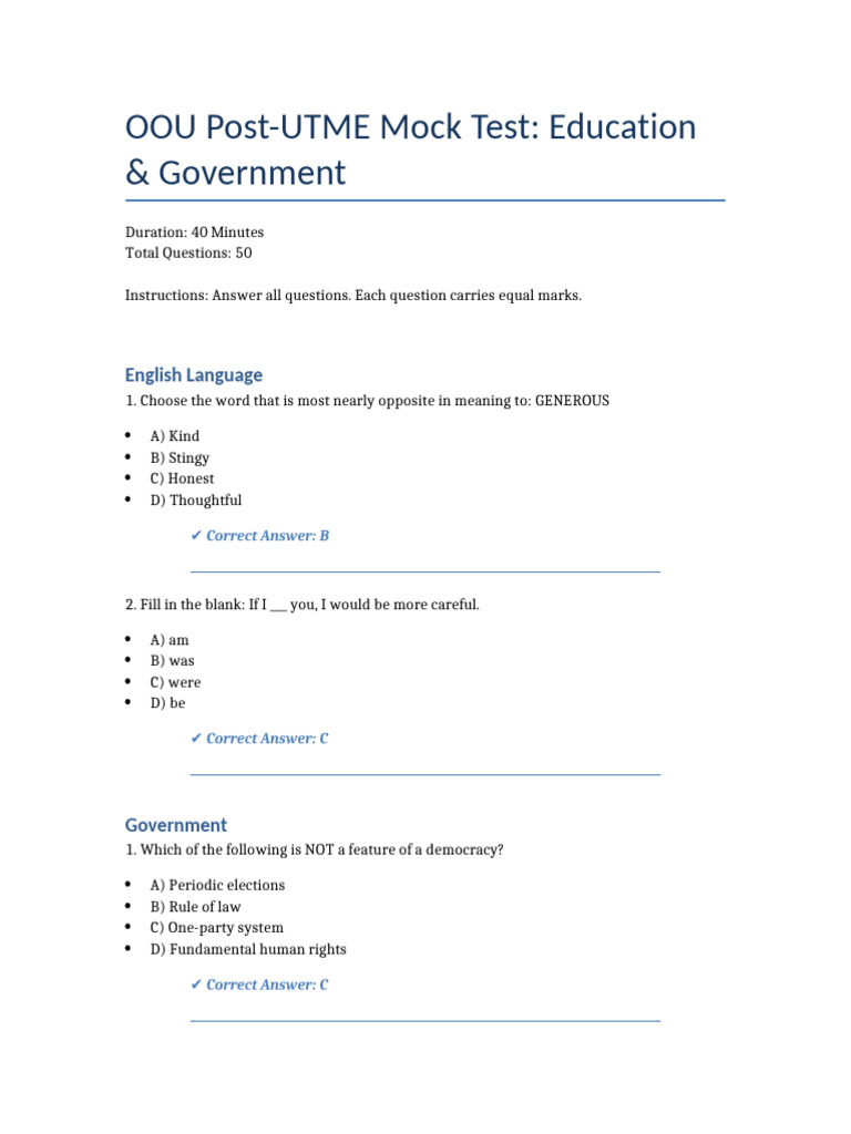 OOU Post-UTME Mock Exam Overview | PDF