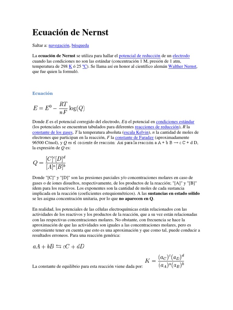 Ecuación de Nernst | PDF | Batería (electricidad) | Electromagnetismo