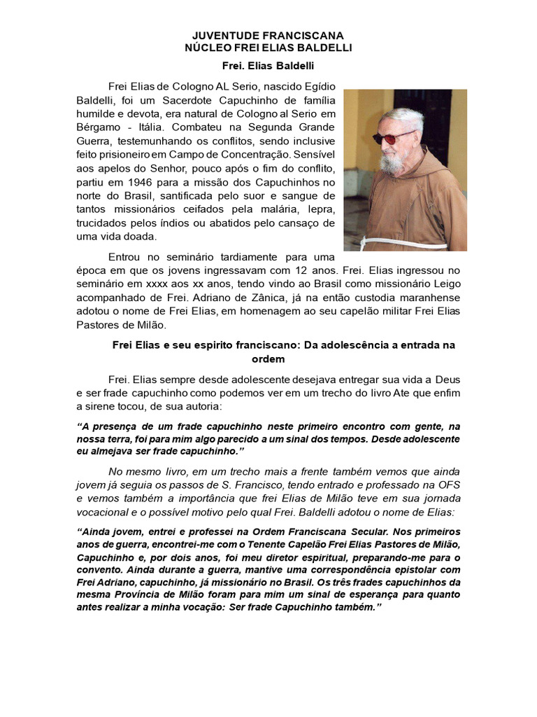 Frei Elias Baldelli: Vida e Vocação | PDF