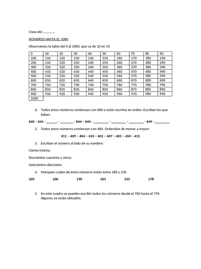 Números Hasta El 1000 | PDF