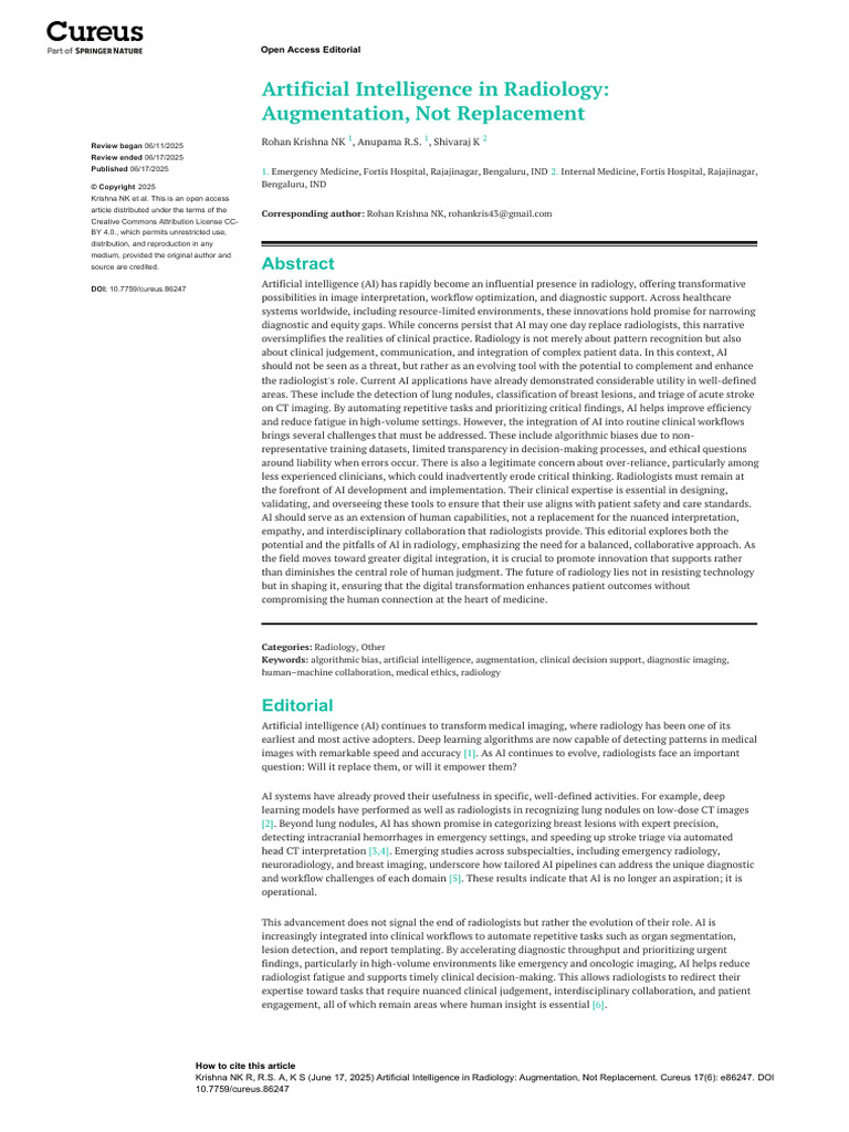 AI in Radiology: Enhancing, Not Replacing | PDF | Radiology ...