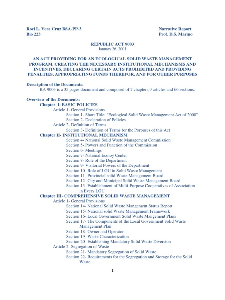 Report RA 9003 | PDF | Municipal Solid Waste | Waste Management