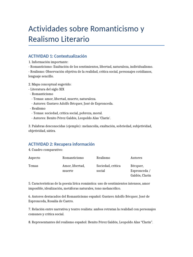 Actividades sobre Romanticismo y Realismo | PDF