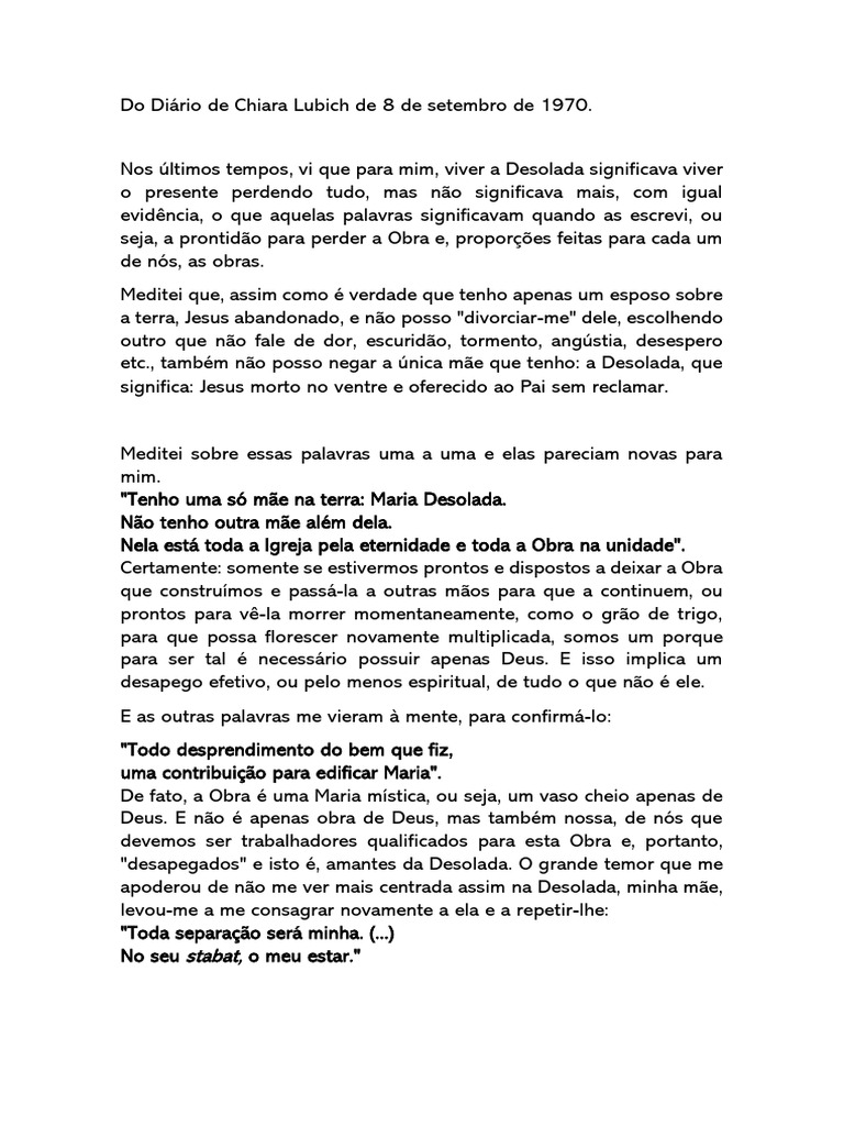 Reflexões de Chiara Lubich sobre Desapego | PDF | Maria, mãe de Jesus ...