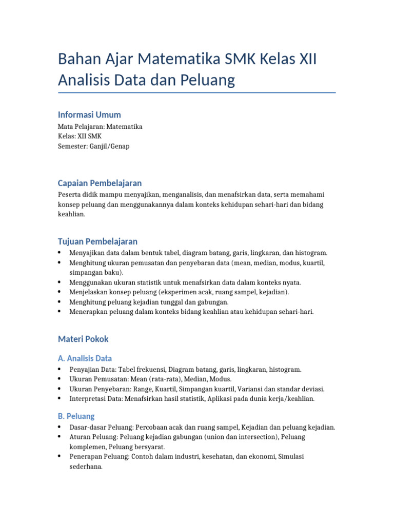 Materi Analisis Data dan Peluang Kelas 12 | PDF