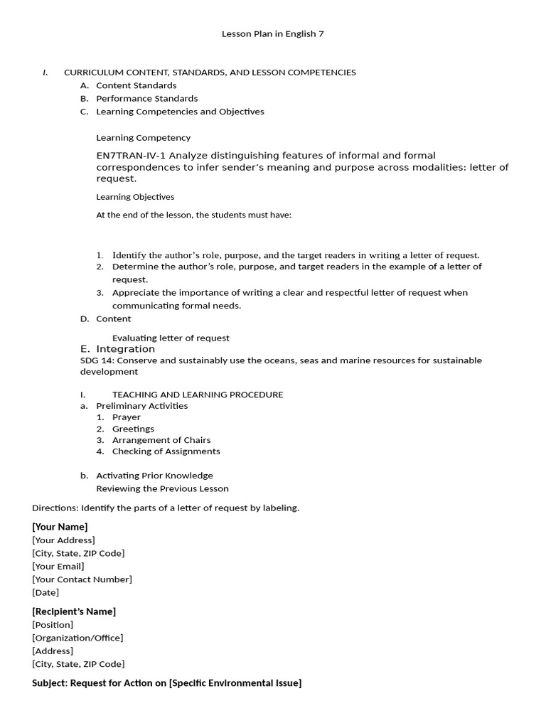 English 7 Lesson Plan: Writing Requests | PDF