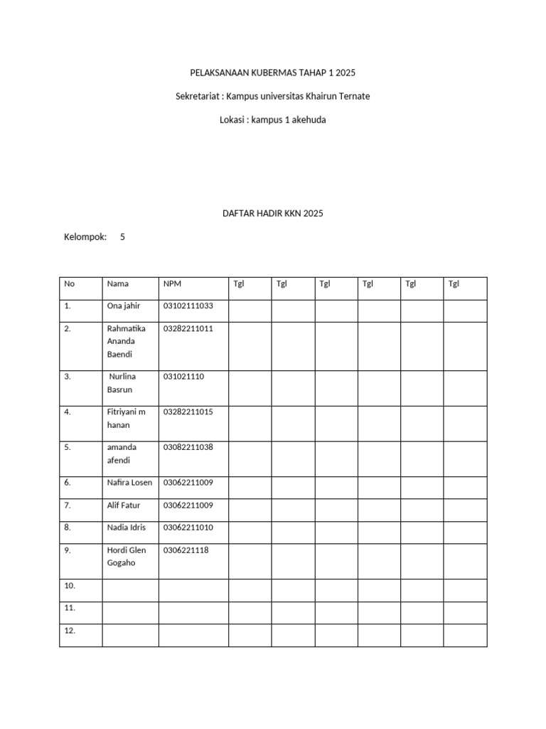 Daftar Hadir KKN 2025 | PDF